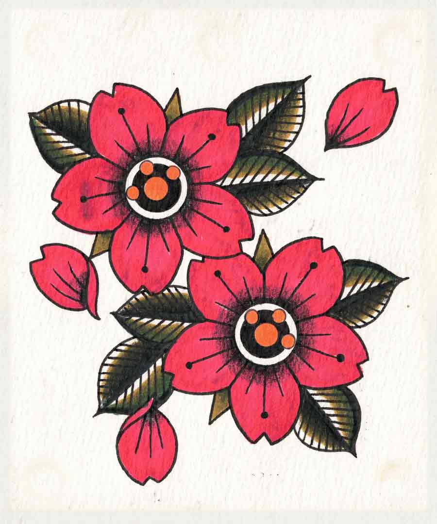 American Traditional Cherry Blossom Flowers - GOOD TIMES INK