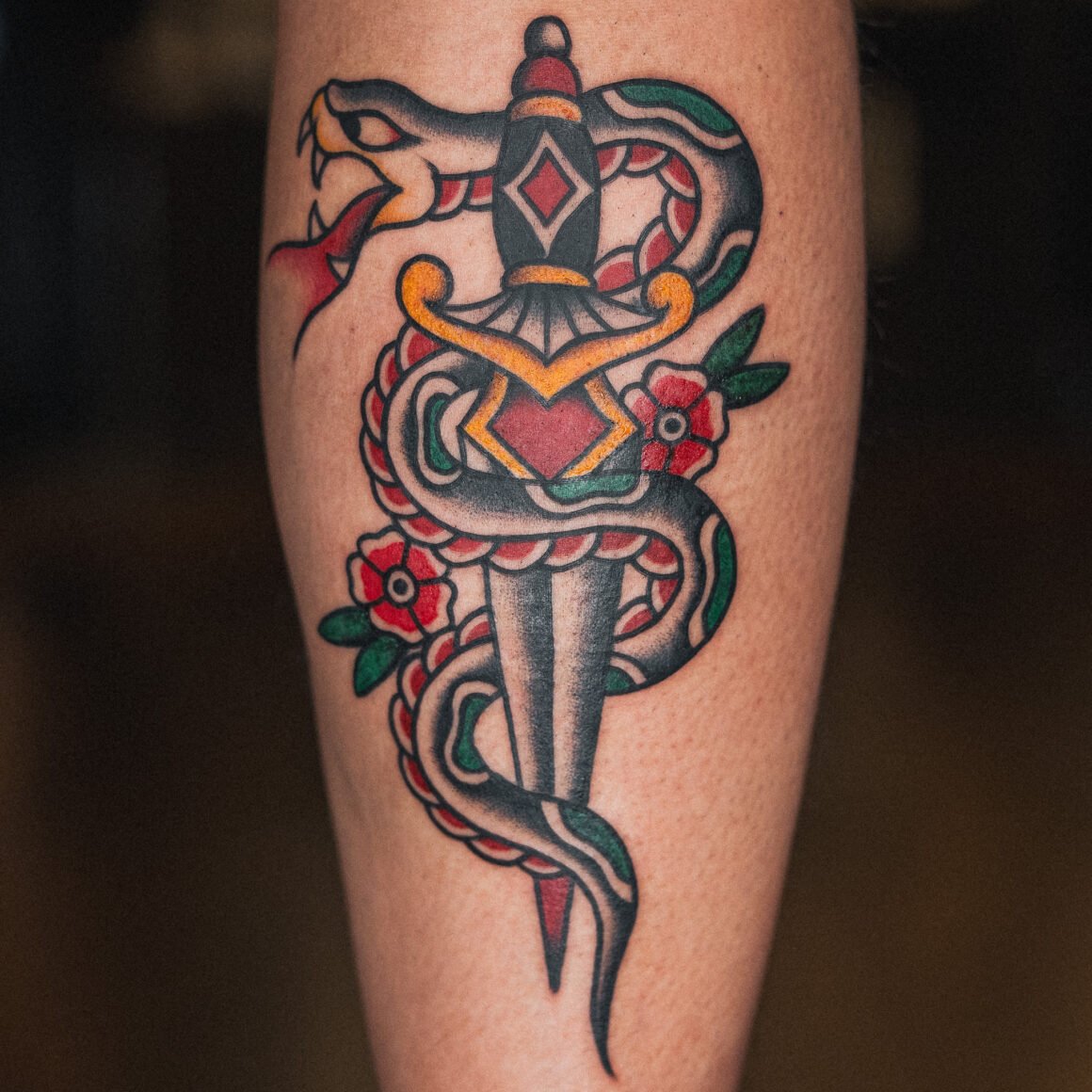 American Traditional Snake and Dagger Tattoo - GOOD TIMES INK